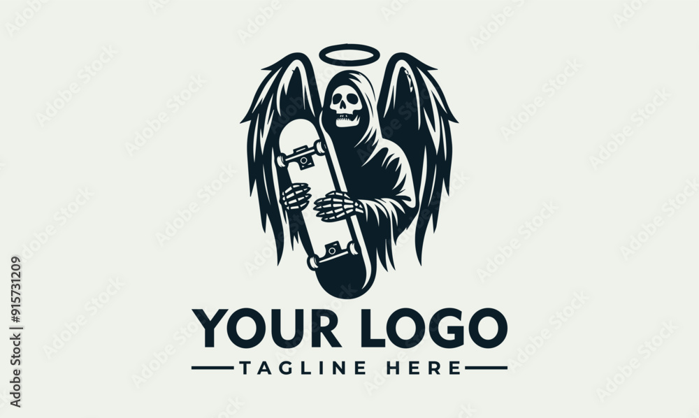 Skeleton angel wings holding skateboard and scythe vector logo depicts ...