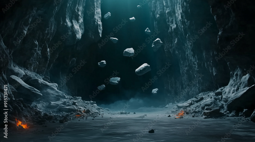 Epic dark fantasy cave with floating rocks and asteroid belt, set in a ...