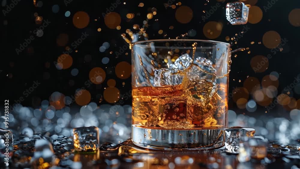 Whiskey glass with ice cubes splashing, bokeh background. Ideal for advertisements. luxury ...