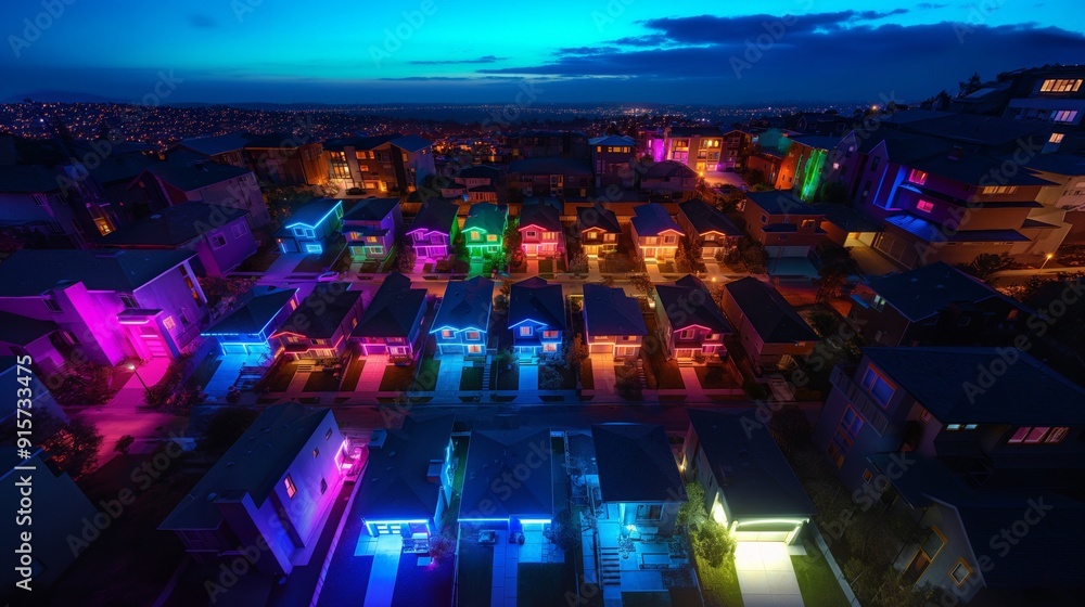A residential neighborhood of suburban houses illuminated with colorful ...