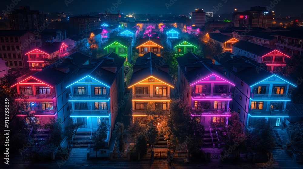 A residential neighborhood of suburban houses illuminated with colorful ...