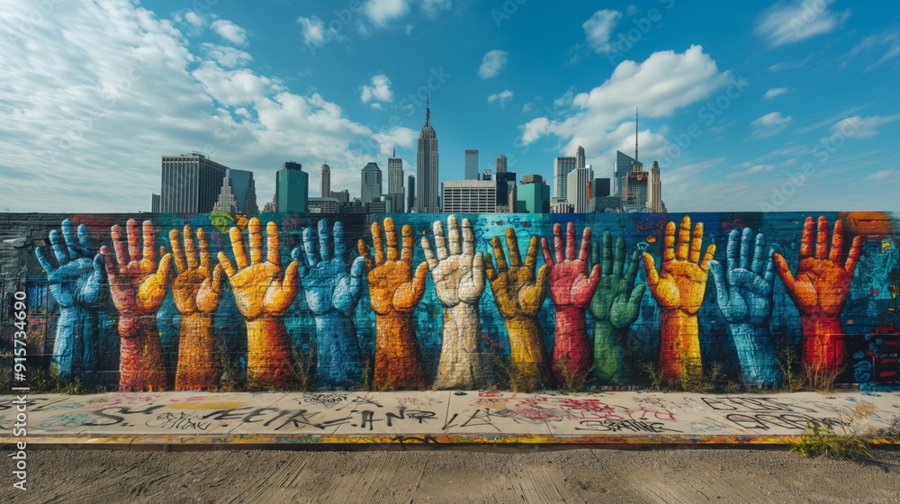 A vibrant graffiti mural showing diverse multicultural hands raised ...