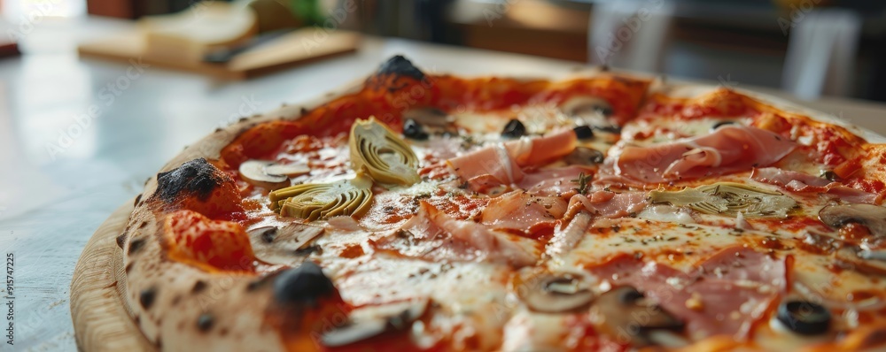 Detailed image of a freshly baked pizza with diverse toppings on a ...