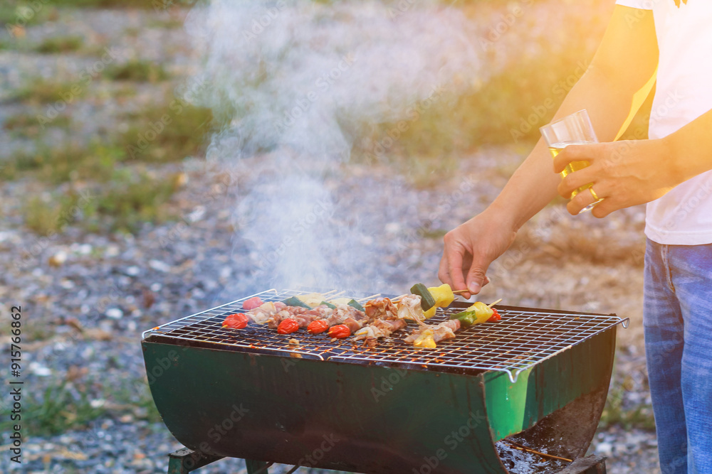 Blurred images ,Barbecue party (BBQ) After work to celebrate the success that can achieve sales ...