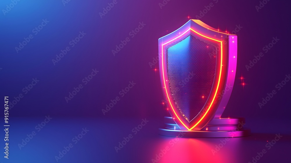 Cybersecurity shield with neon lights on a dark background ...