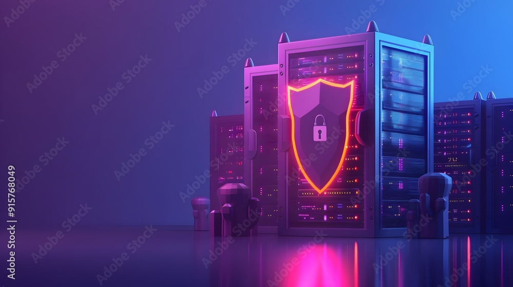 Data server with glowing shield icon representing cybersecurity and ...
