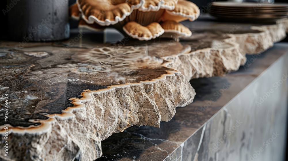 Product display with detailed natural stone ledge showing fungi ...