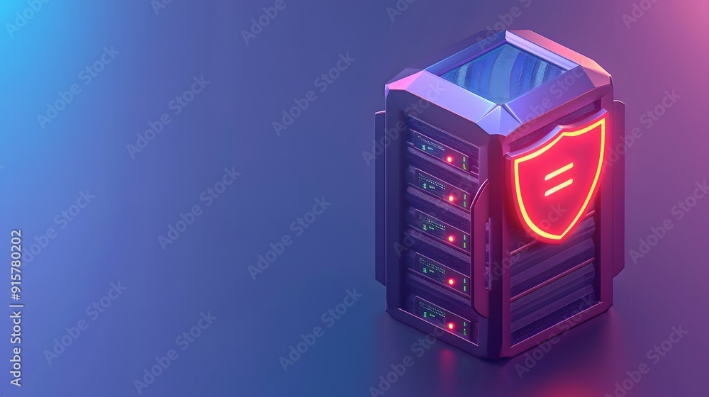 Futuristic server with glowing red shield icon representing ...