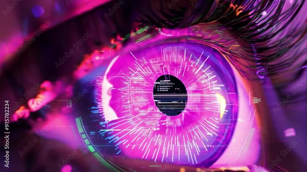 Purple human eye closeup with glowing digital symbols overlay during ...