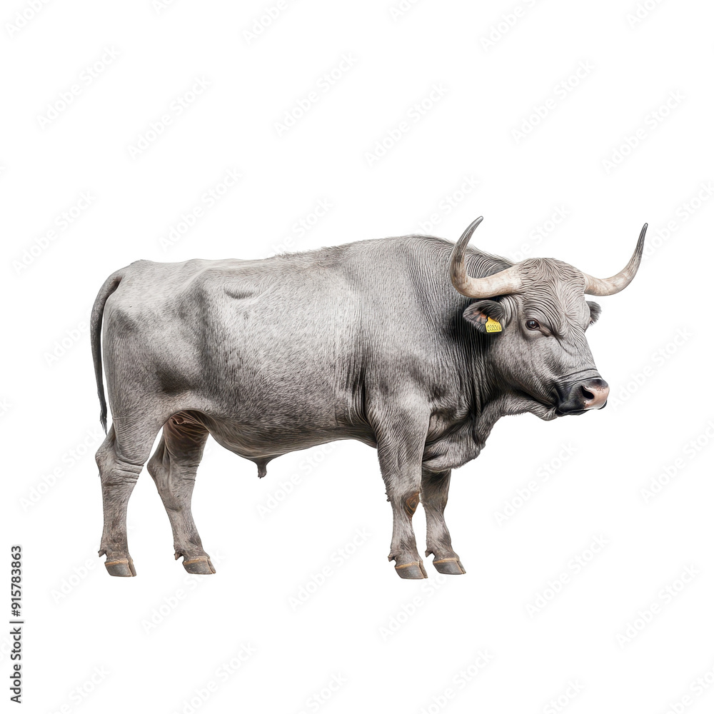 Grey giant ox, a robust castrated bull bred for draft work, stands ...