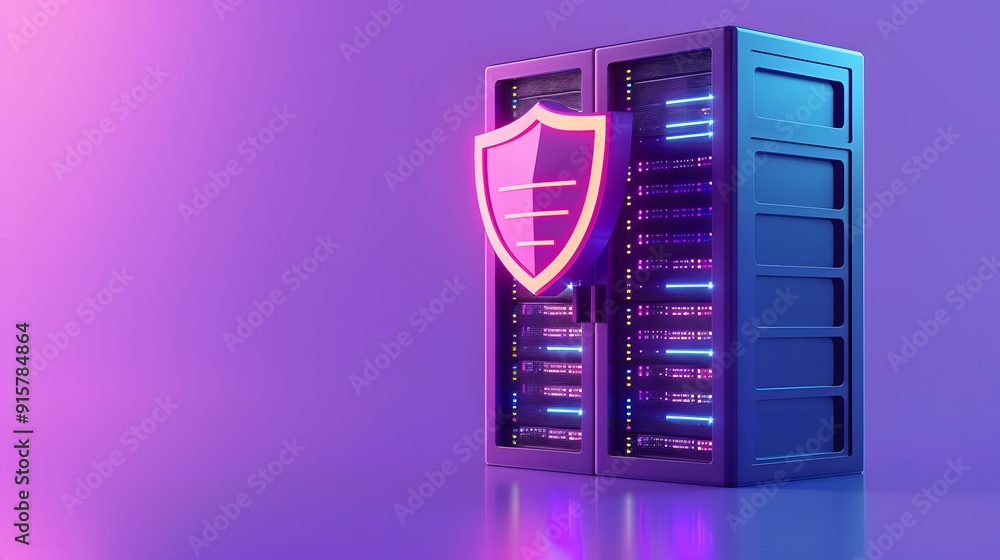 Secure server room with neon shield symbol. Modern data center ...
