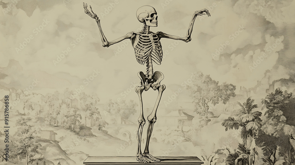 engraving of an anthropomorphic skeleton standing on its hind legs with ...
