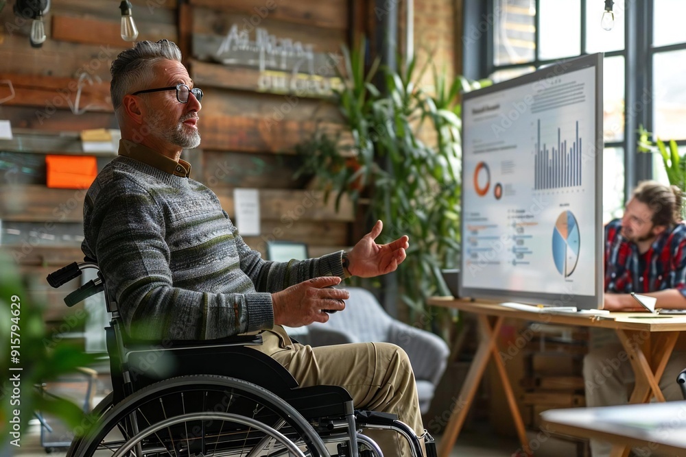Beautiful disabled mature businessman giving a presentation to his ...