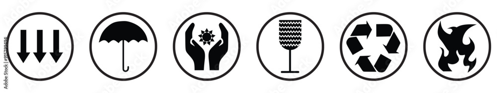 Common packaging & warning symbols with curved frame line art. Handle ...