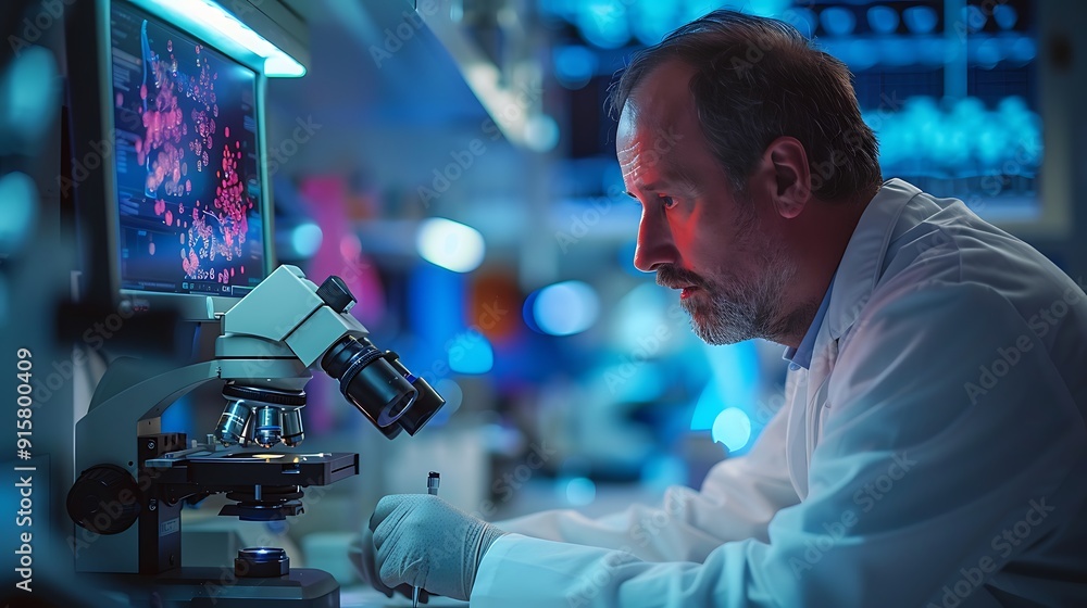 A scientist in a state-of-the-art lab, studying cancer cells under a ...