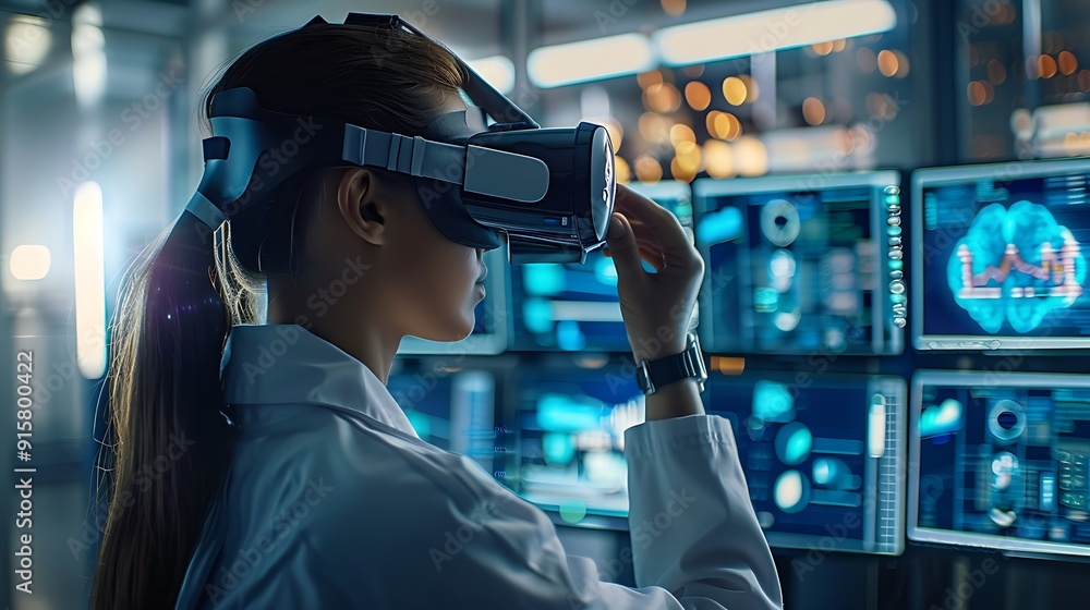 A scientist in a state-of-the-art lab, using VR simulations to study ...