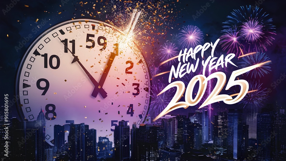 Happy New Year 2025 Celebration with Countdown Clock, Fireworks, and ...