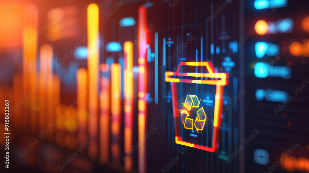 Digital illustration of a recycling bin icon on a data visualization ...