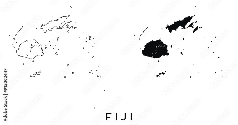 Fiji map of regions districts vector black on white and outline Stock ...