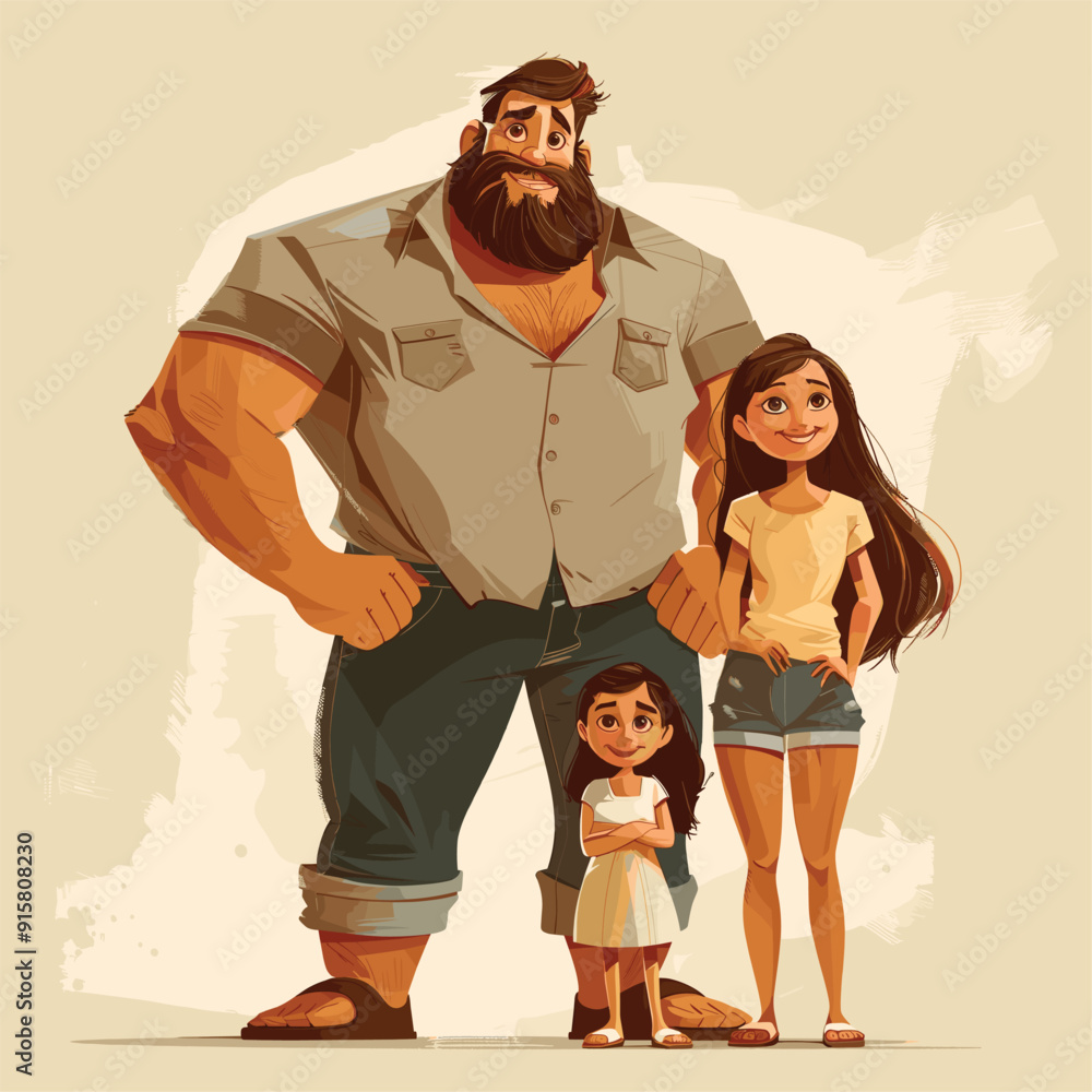 Cartoon of a burly man and a petite girl standing together, strong and ...