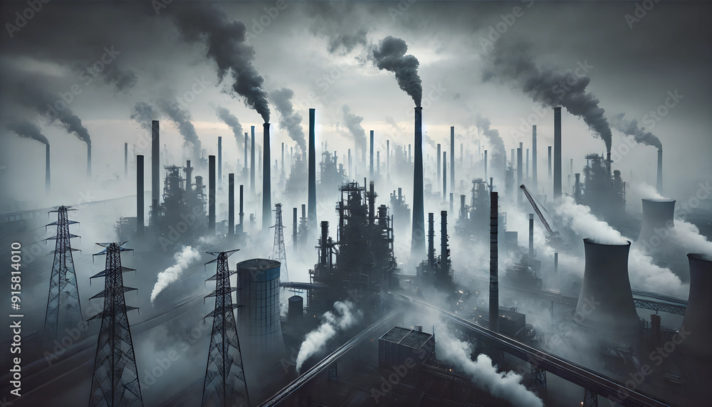 Dystopian Industrial Complex Under Dense Fog, Representing Severe Air ...