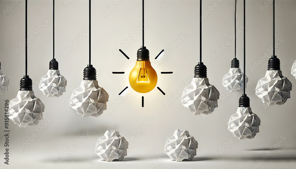 Hanging Yellow Light Bulb Amidst Crumpled Paper Light Bulbs ...