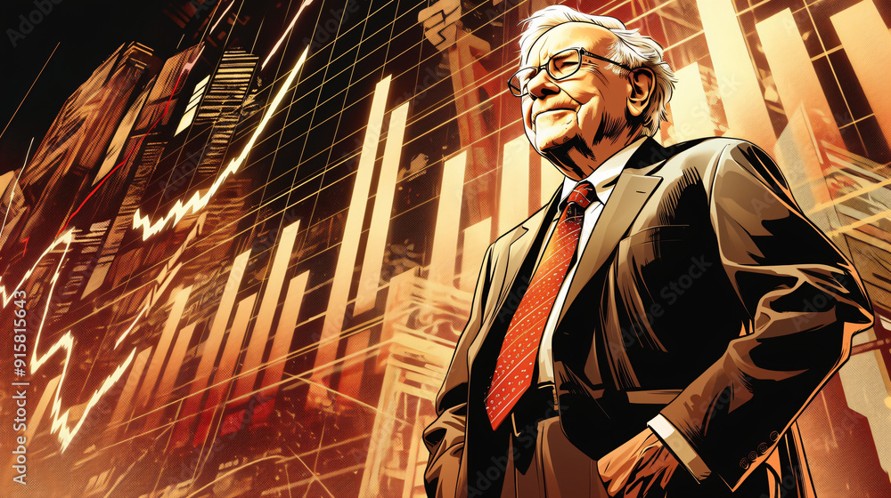 Warren Buffett, depicted in a vintage comic book style with bold lines ...