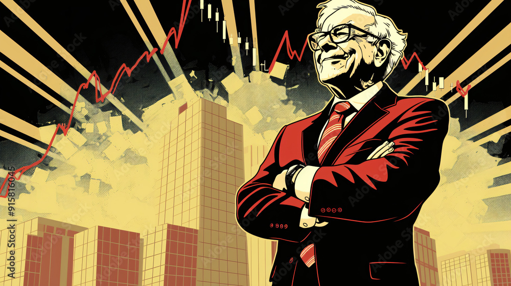 Warren Buffett, depicted in a vintage comic book style with bold lines ...