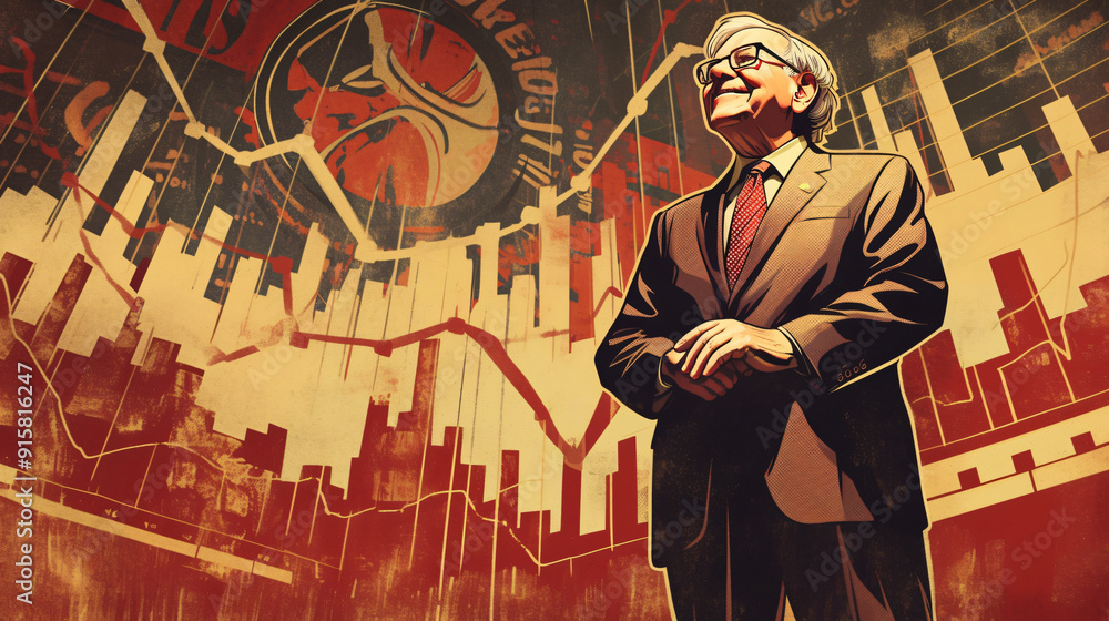 Warren Buffett, depicted in a vintage comic book style with bold lines ...