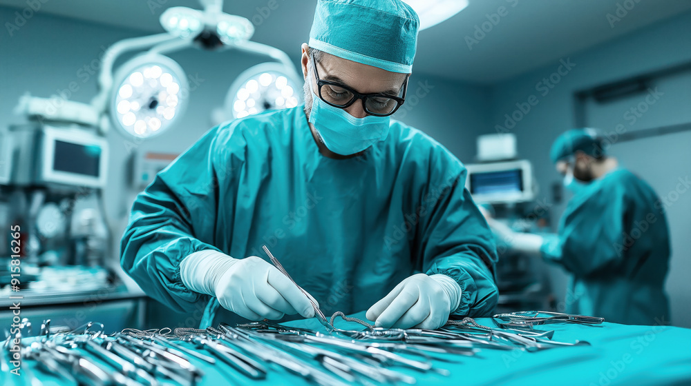Group of surgeons in an operating room preparing surgical instruments ...