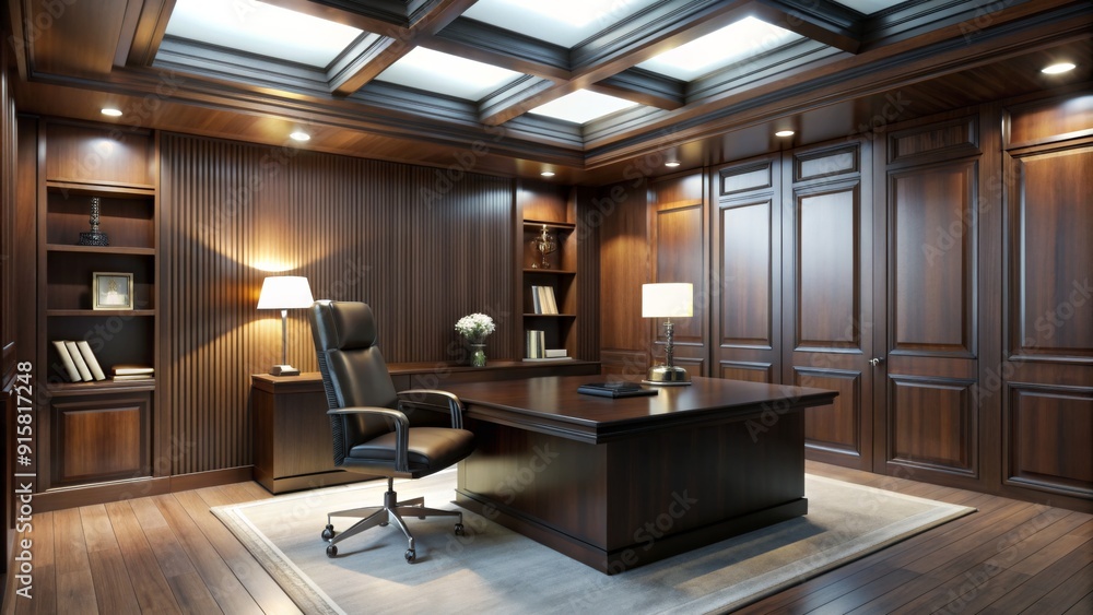 Perspective View of a Luxurious Wood-Paneled Office with a Large Desk ...