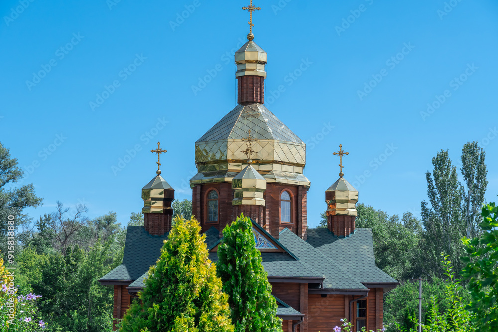 Wooden church with golden domes and place religion of orthodox ...