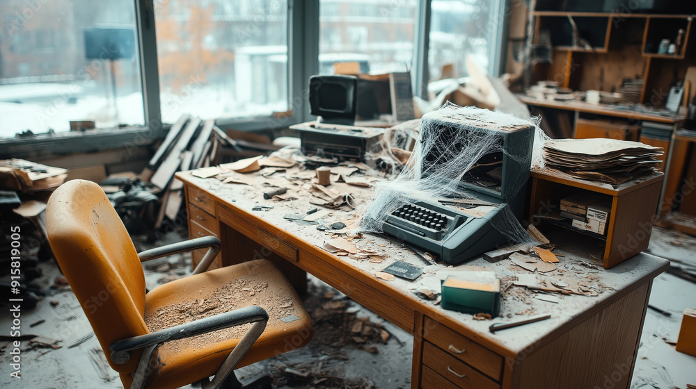 Abandoned office room with an old typewriter and computer covered in ...
