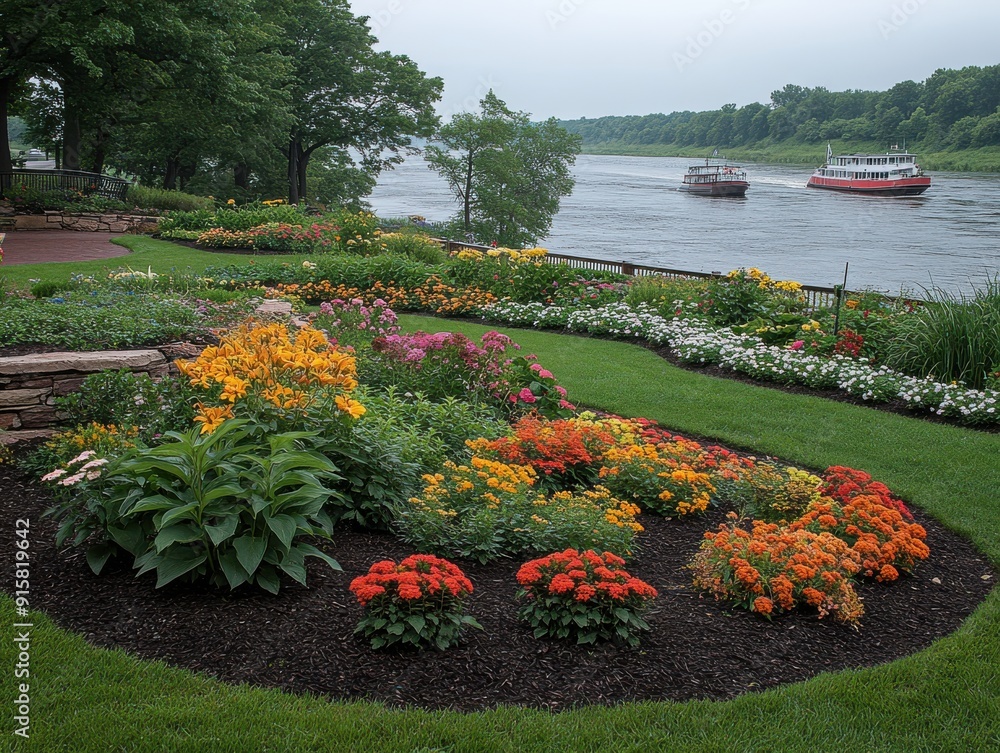 Beautiful waterfront garden with vibrant flower beds in full bloom, and ...
