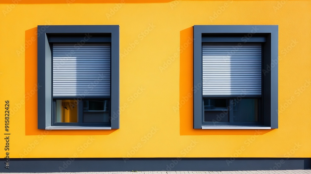 roller shutters and windows that are closed. Front of the house with a ...