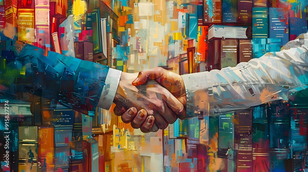 An artistic rendering of a handshake at a book signing event in a ...