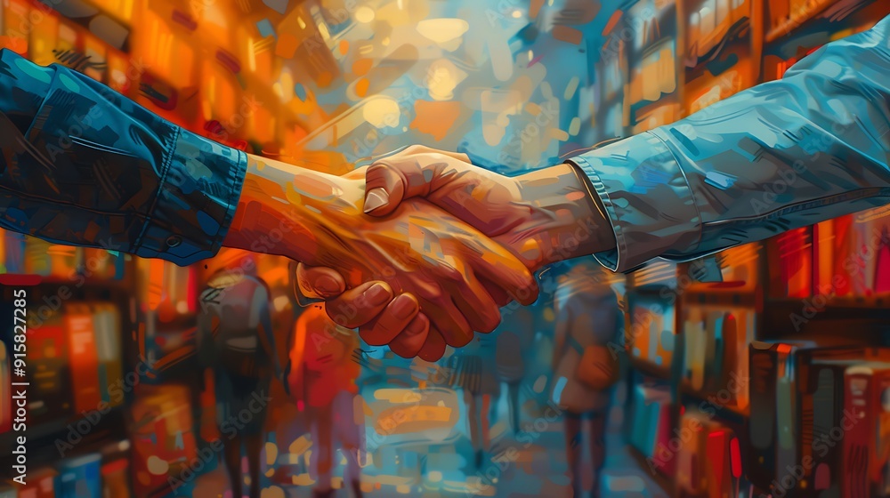 An artistic rendering of a handshake at a book signing event in a ...