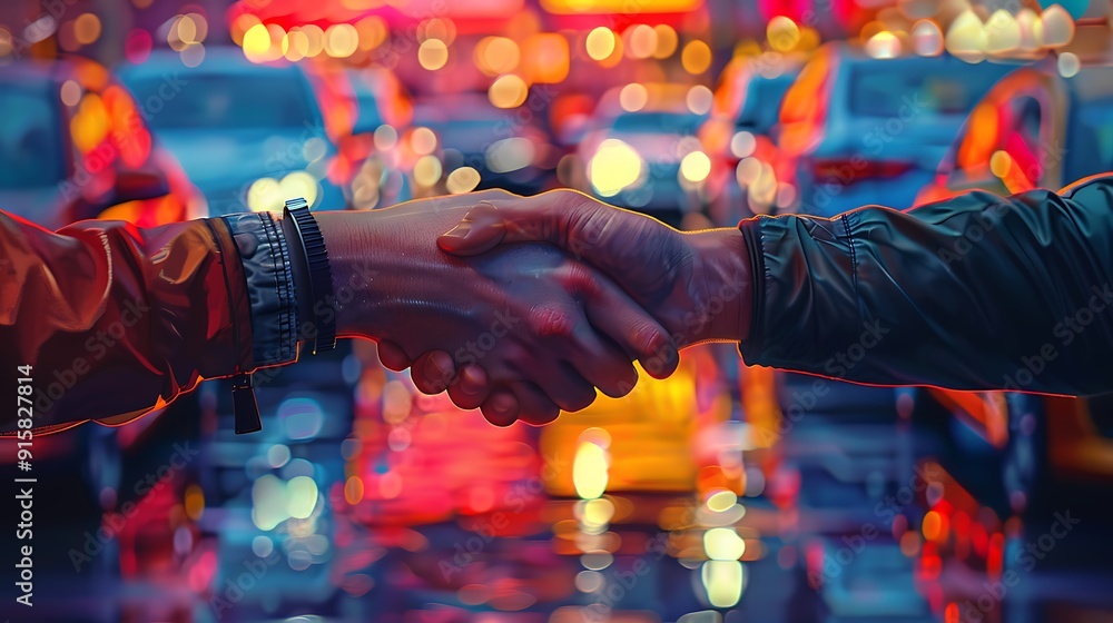 An artistic rendering of a handshake in a car dealership, with an ...