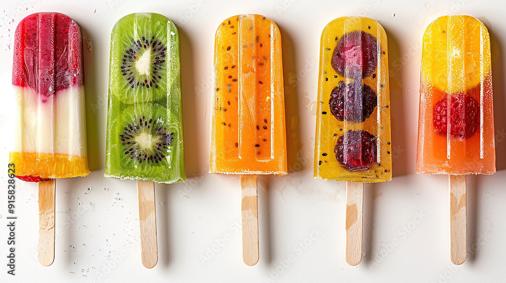 5 different types of fruit popsicles isolated on a white background in ...