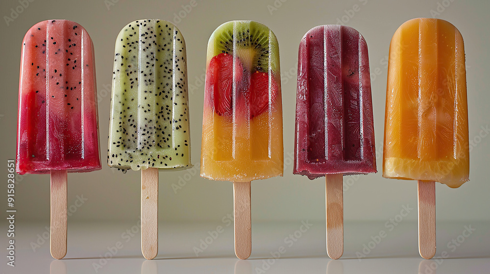 5 different types of fruit popsicles isolated on a white background in ...