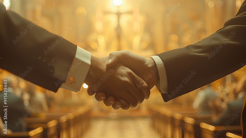 A close-up shot of a handshake during the peace offering in a church ...
