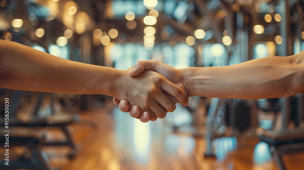 A detailed image of a handshake in a spacious gym with a variety of ...
