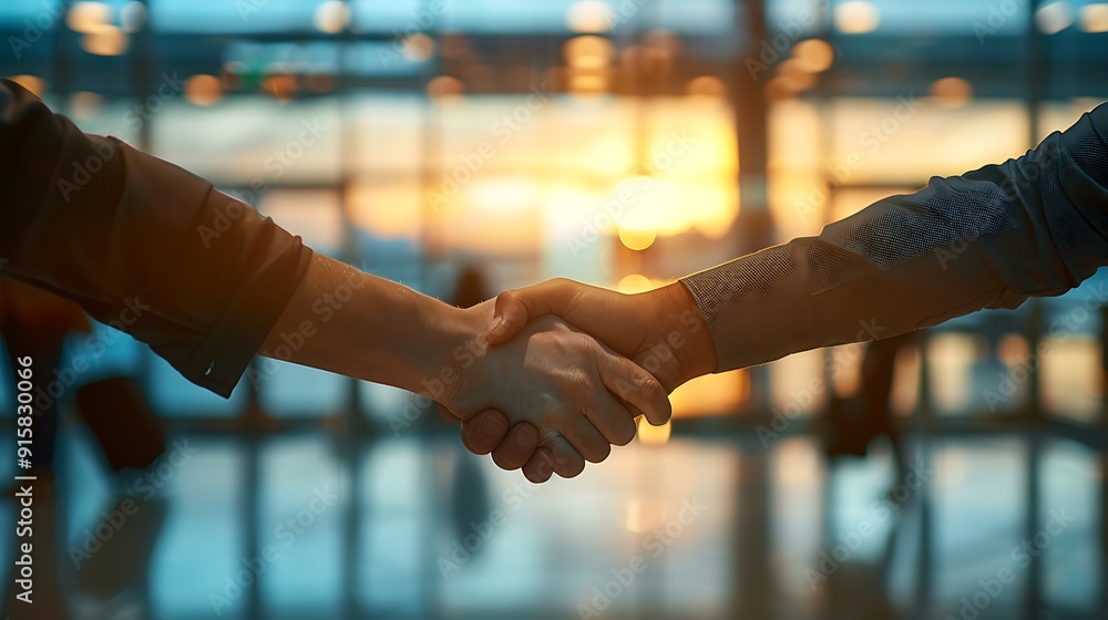 A detailed image of a handshake in an airport terminal with large glass ...