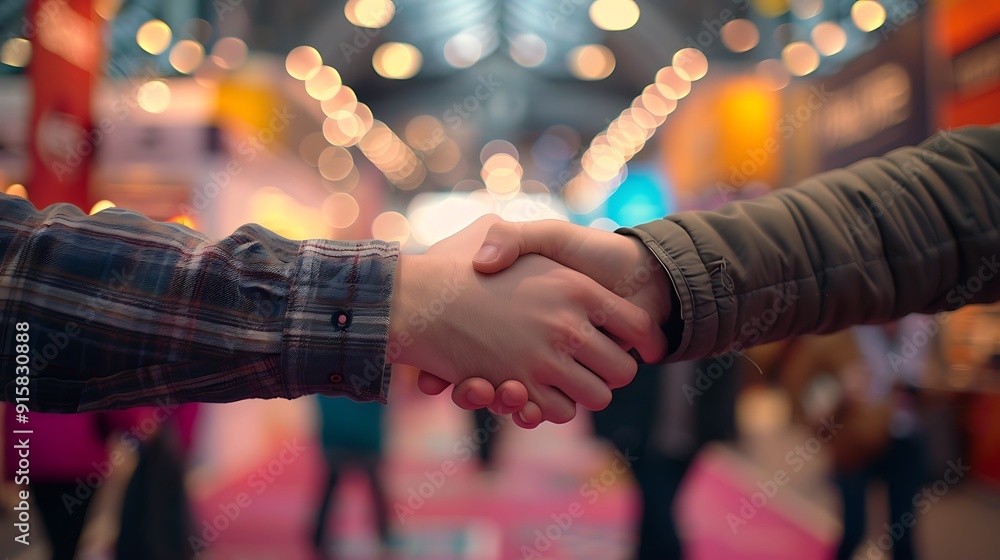 A detailed photo of a handshake between an exhibitor and an attendee at ...