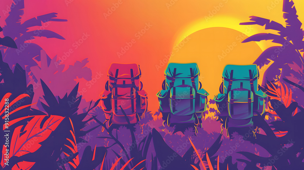 Hiking gear banner background in summer forest two backpacks and trek ...