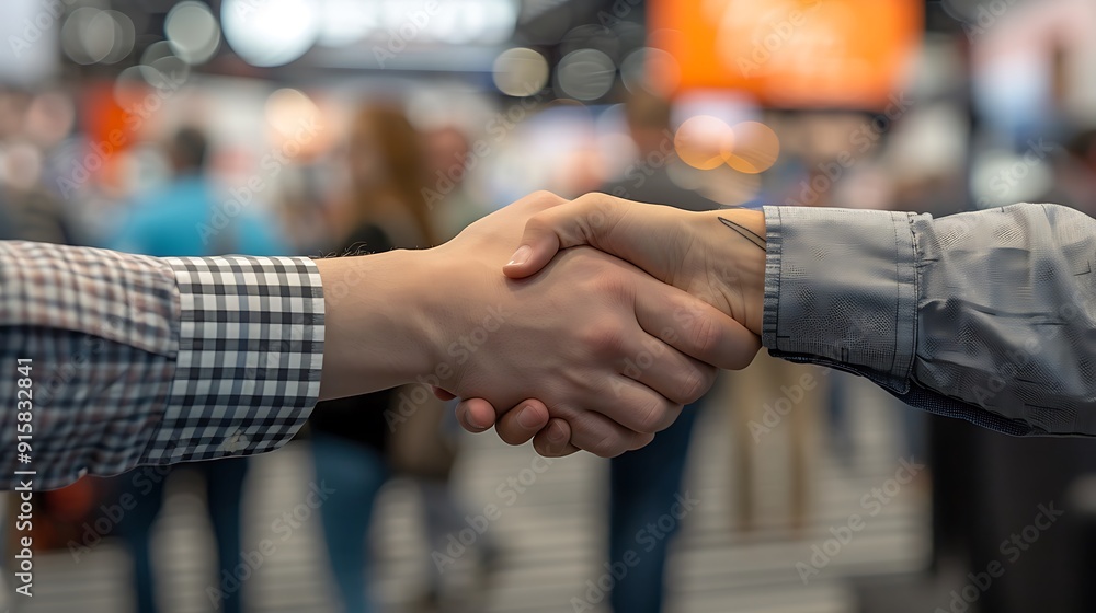A realistic photo of a handshake between an exhibitor and an attendee ...