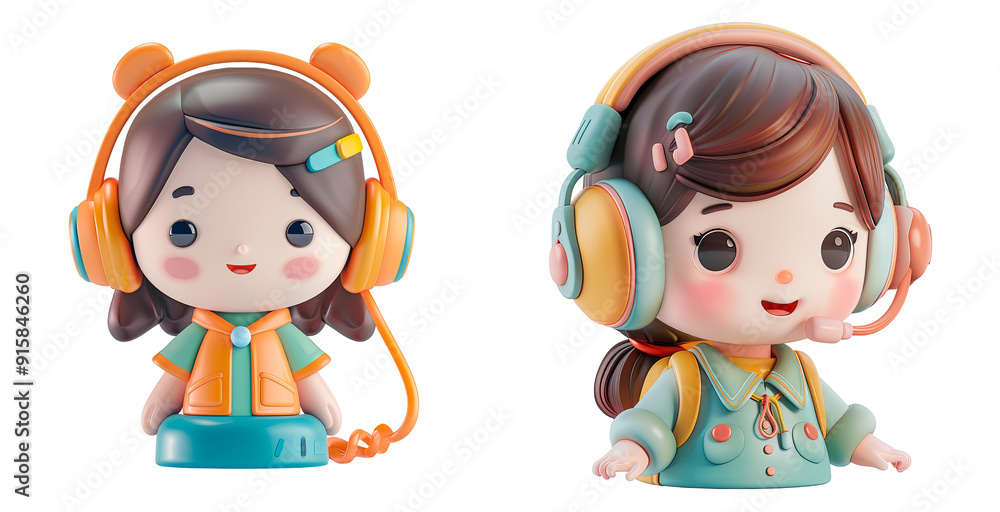 Two Cute 3D Kawai Cartoon Characters Wearing Headphones Call Center On ...