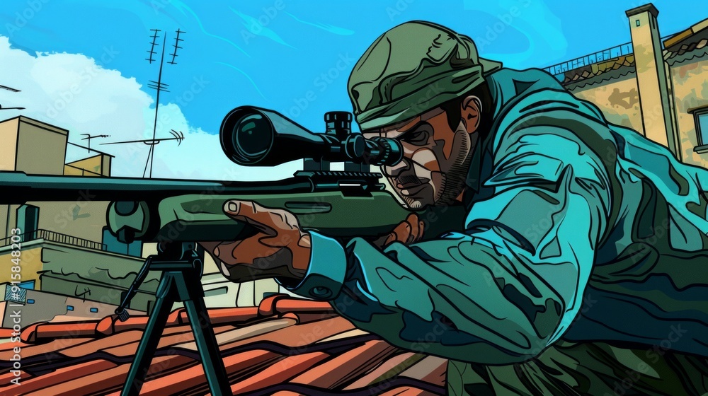 Cartoon illustration army rangers sniper at work with rifle. Stock ...