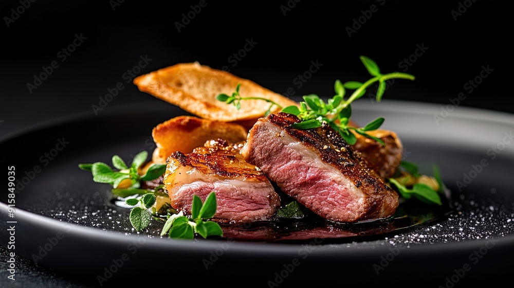 Elegant Gourmet Plating: Visual Delight of Meat and Herbs on Dramatic ...