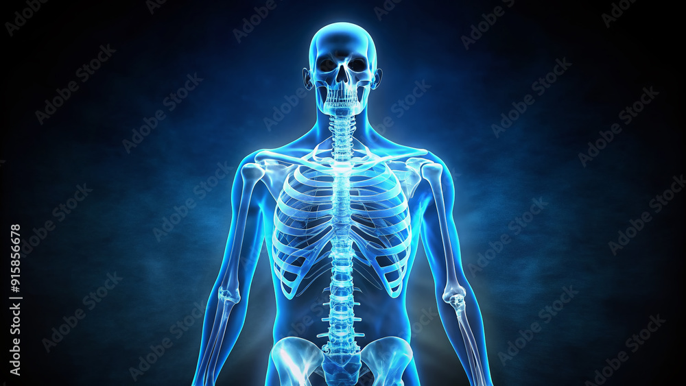 A hauntingly lit skeleton stands upright, its transparent bones illuminated by a eerie blue x ...